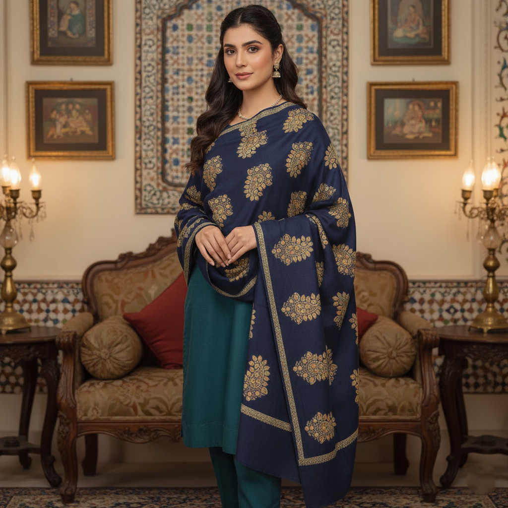 Naqsh Pashmina Shawl - Navy – Al-Karamat